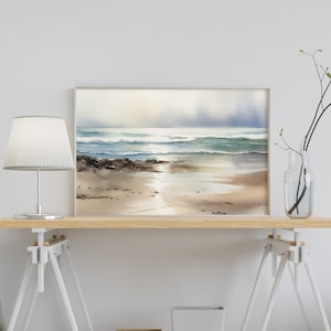 Ocean Beach Painting Seascape Watercolor Nautical Art Print Neutral ...