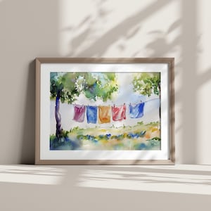 Laundry Day Watercolor Painting Summer Landscape Clothesline Poster ...
