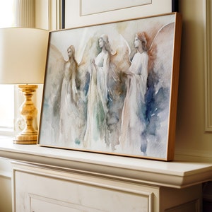 Three Angels Watercolor Painting Religious Wall Art Abstract Angels Art ...