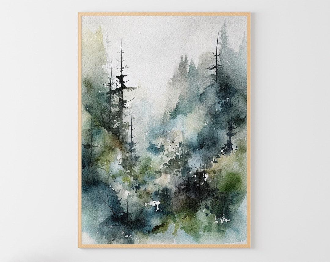 Pine Forest Painting Pines Watercolor Misty Forest Art Print Forest ...