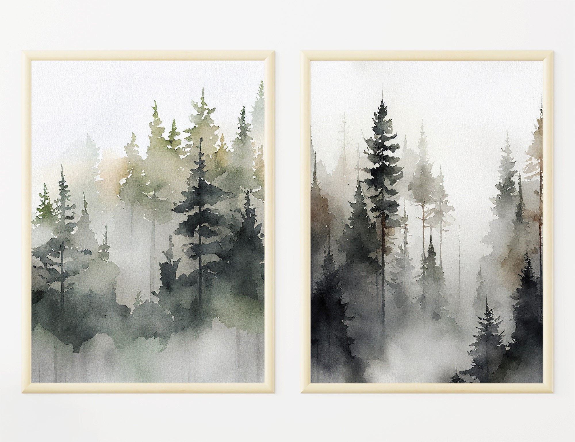 Pine Trees Watercolor Painting Set of 2 Prints Foggy Forest - Etsy Pine Trees Watercolor Painting Set of 2 Prints Foggy Forest - Etsy