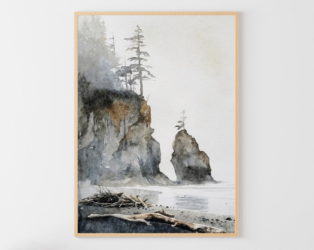 Oregon Coast Art Print Ocean Shore Watercolor Painting Coastal Cliffs ...