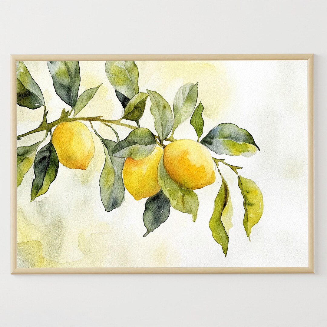 Lemon Tree Watercolor Painting Lemon on Branch Poster Kitchen Wall Art ...