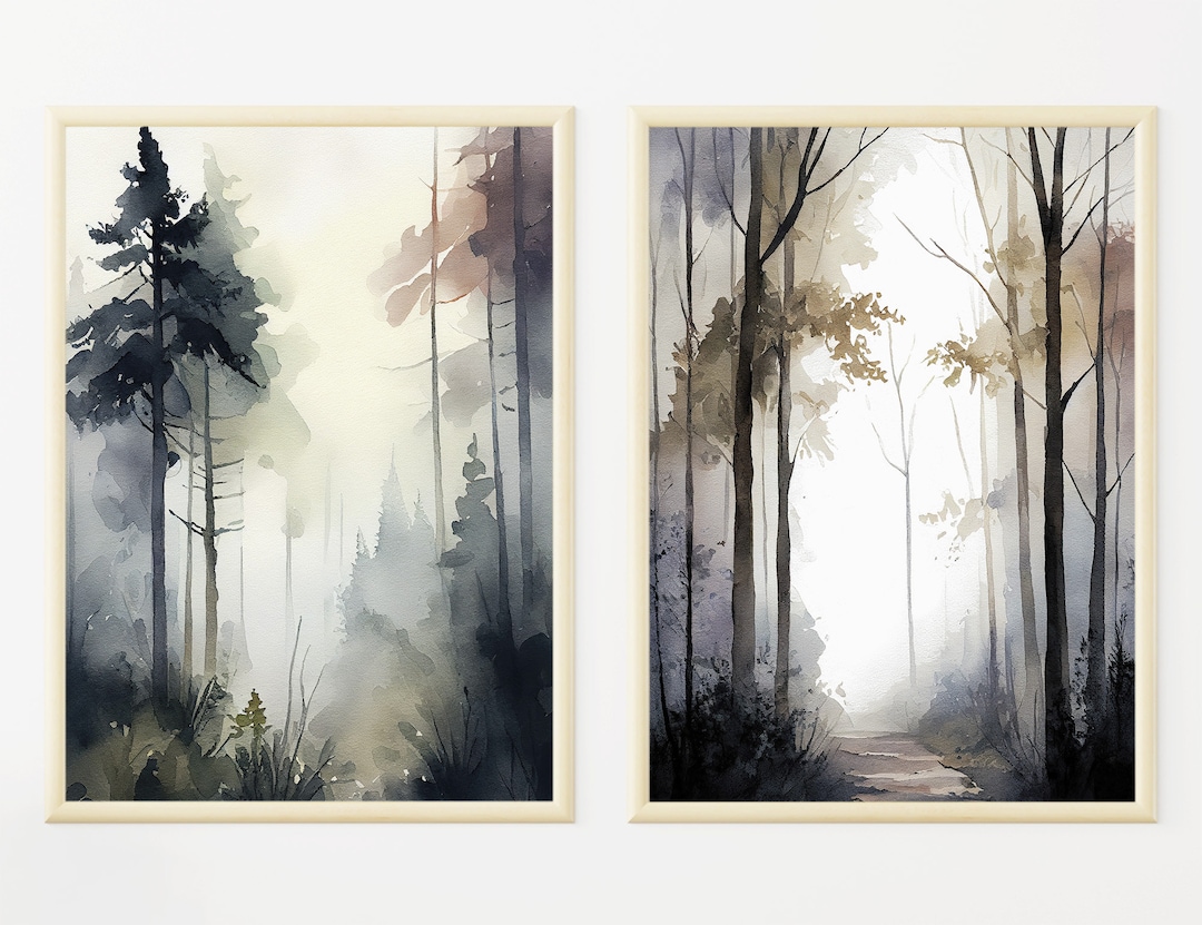 Misty Forest Watercolor Painting Set of 2 Print Pine Trees Poster Pine ...