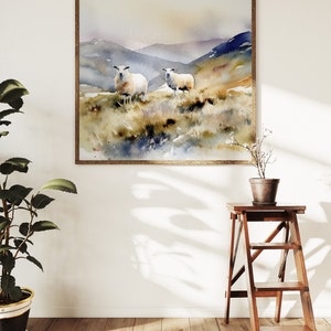 Scottish Hills Watercolor Landscape Sheep Grazing Painting Scotland ...