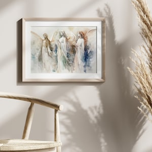 Three Angels Watercolor Painting Religious Wall Art Abstract Angels Art ...
