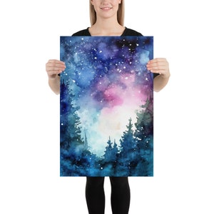 Starry Night Sky Watercolor Painting Dark Forest Landscape Milky Way ...