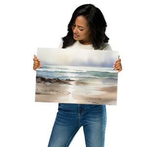 Ocean Beach Painting Seascape Watercolor Nautical Art Print Neutral ...