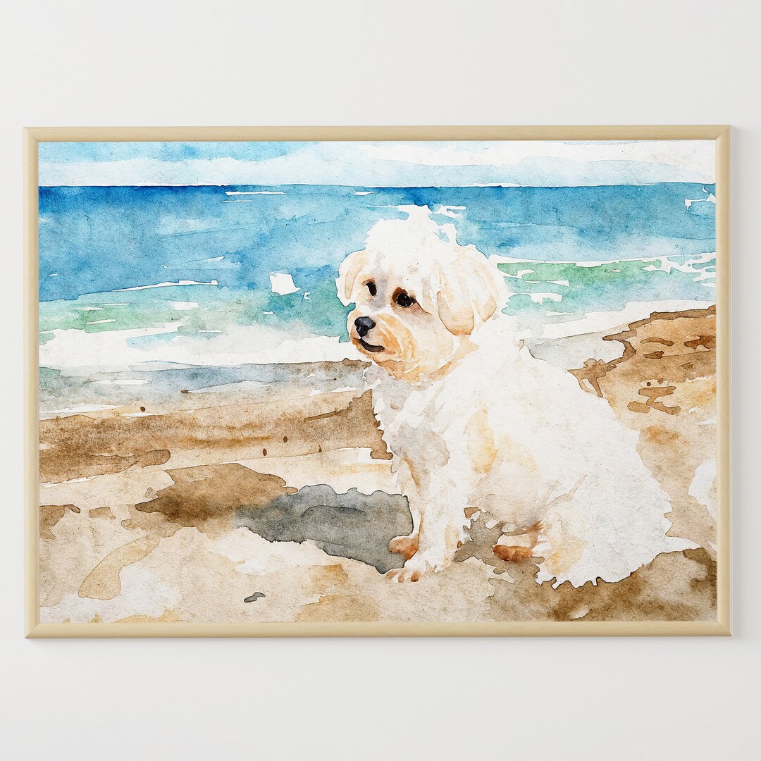 Maltese Painting Dog on Beach Art Pets Watercolor Ocean Coast Wall Art ...