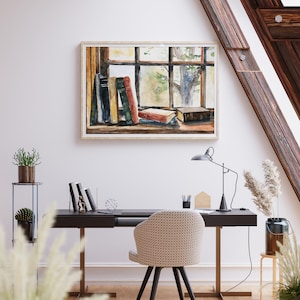 Old Books Watercolor Print Books on Windowsill Artwork Farmhouse Wall ...