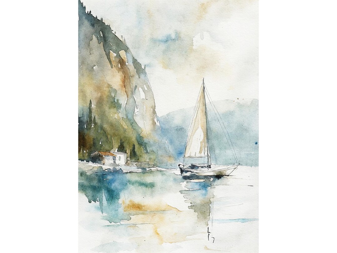 Capri Sailboat Watercolor Print: Italian Coastal Seascape Art - Etsy