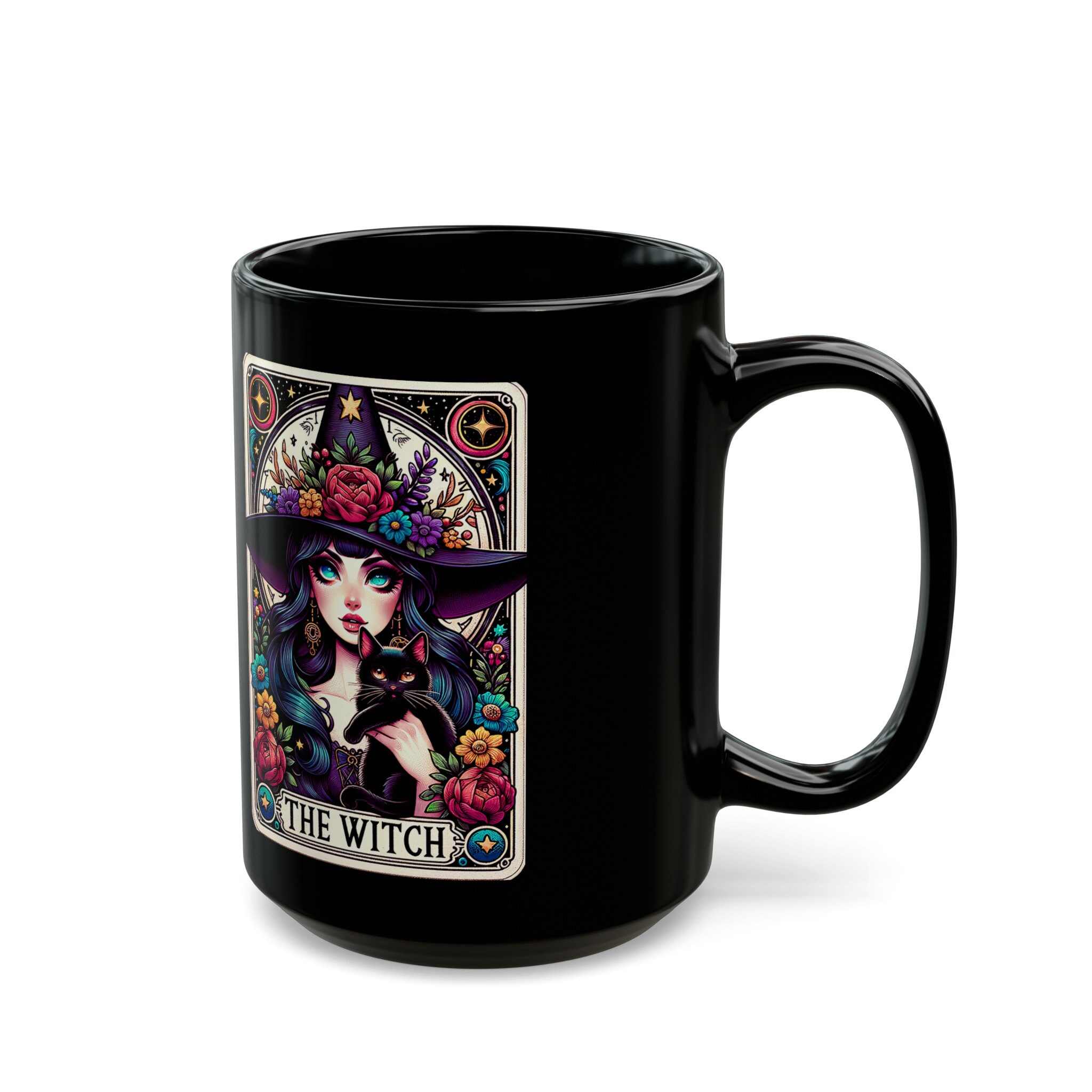 Witchy Floral Tarot Coffee Mug - Sip Magic in Style! Black Mug (11oz ...