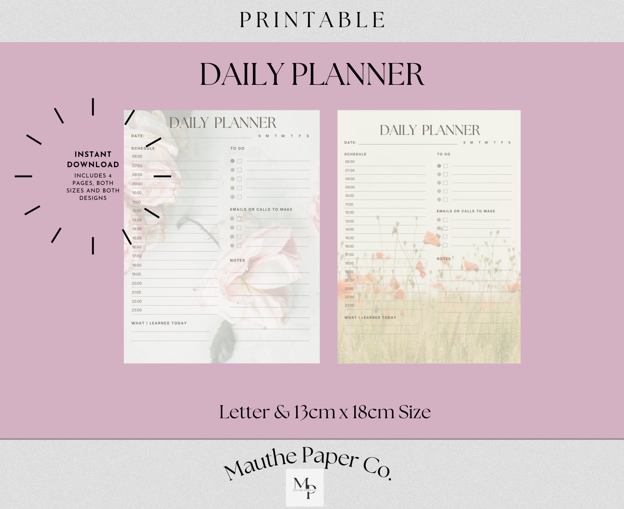 Hourly Planner, Minimalist Daily Printable Planner, Flower Backgrounds ...
