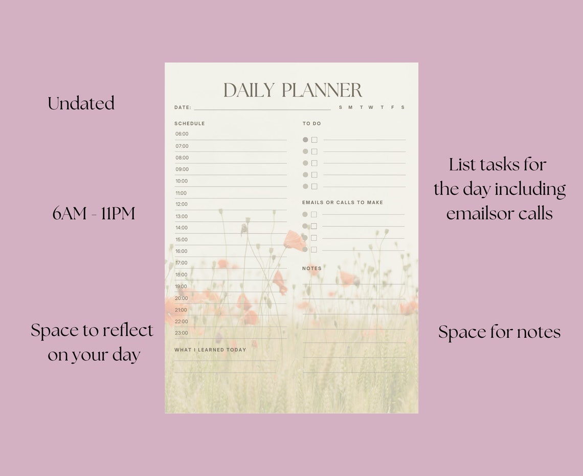Hourly Planner, Minimalist Daily Printable Planner, Flower Backgrounds ...
