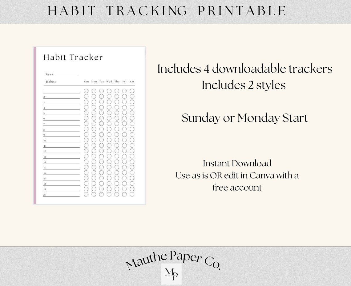 Printable Habit Tracker Weekly Organizer Instant Digital Download Daily ...