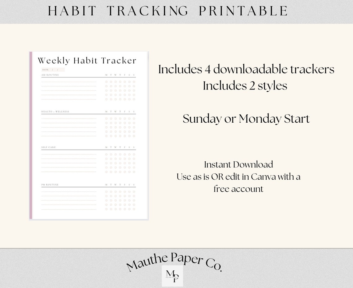 Printable Habit Tracker Weekly Organizer | Instant Digital Download ...