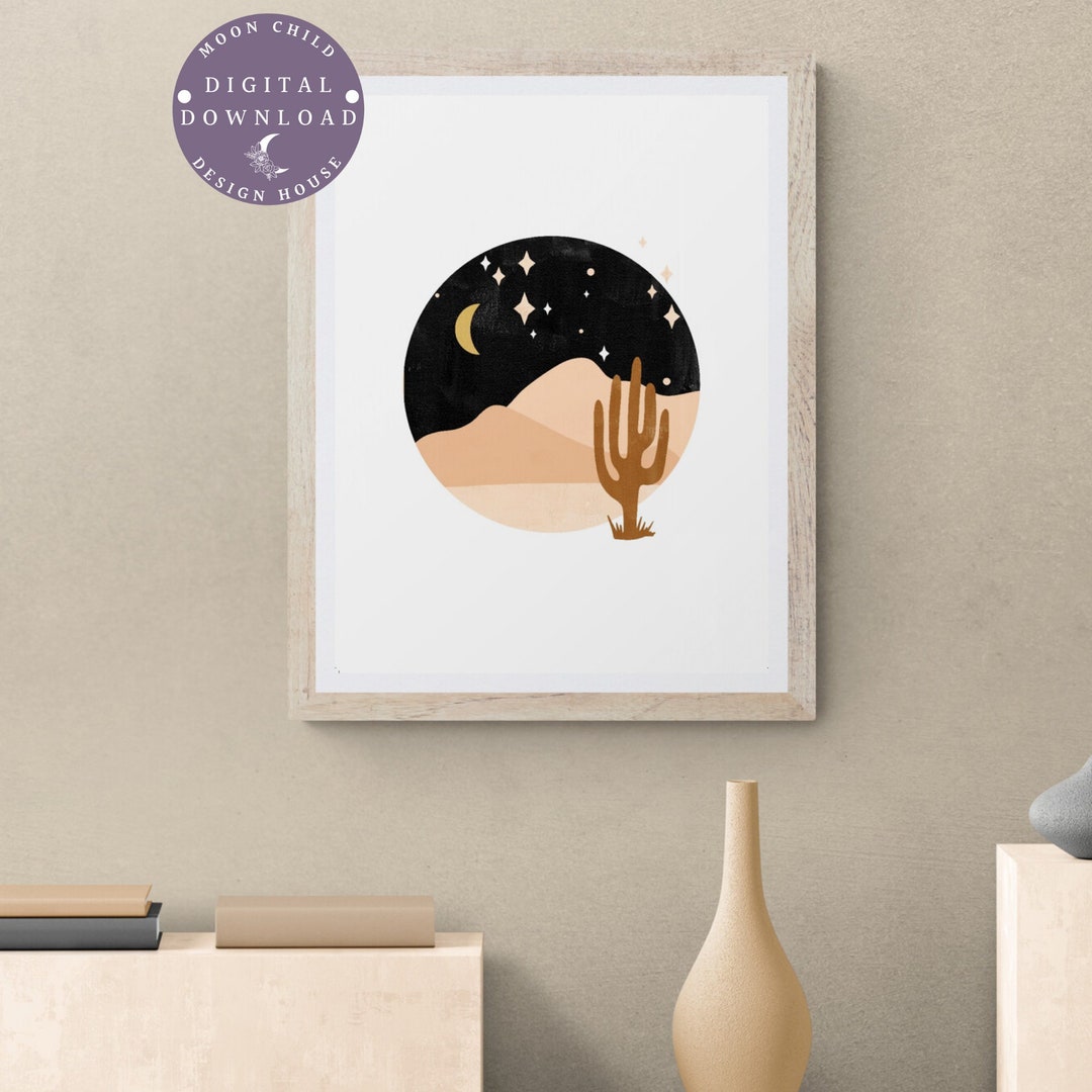 Desert Moon Art, Crescent Moon, Mid Century Modern Art, Cactus Moon Art ...