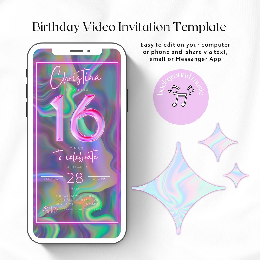 16th Birthday Video Invitation, Sweet Sixteen Invite, Y2K Holographic ...