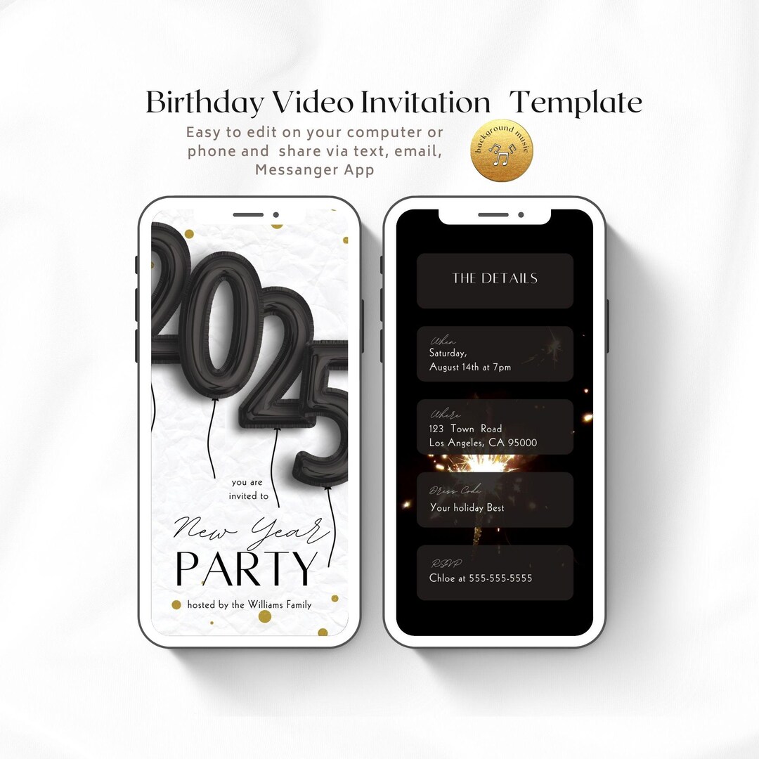 New Year 2025 Party Video Invitation, NYE Holiday Dinner Party Digital ...