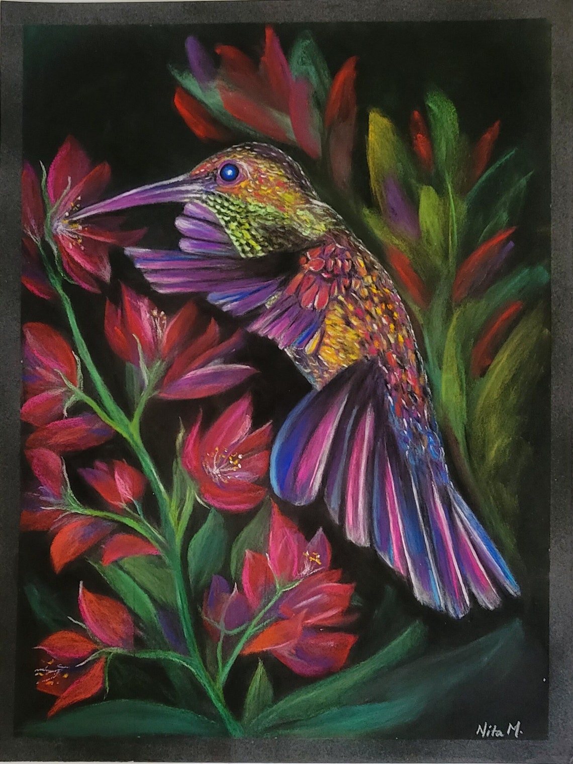 Original Hummingbird on Flowers Pastel Drawing - Etsy