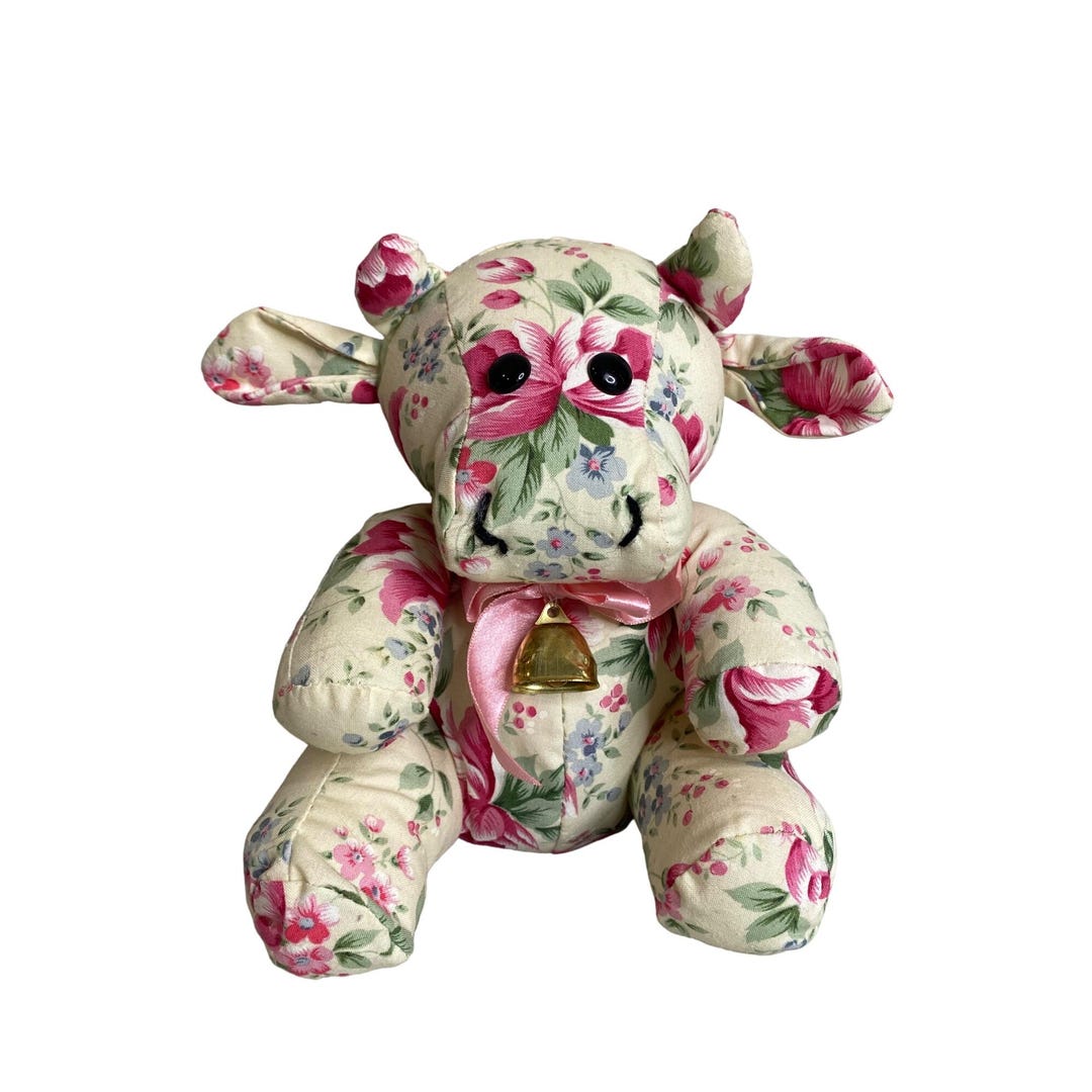 Vintage 80s Floral Fabric Cow Plush Toy With Pink Satin Bow & Bell - Etsy