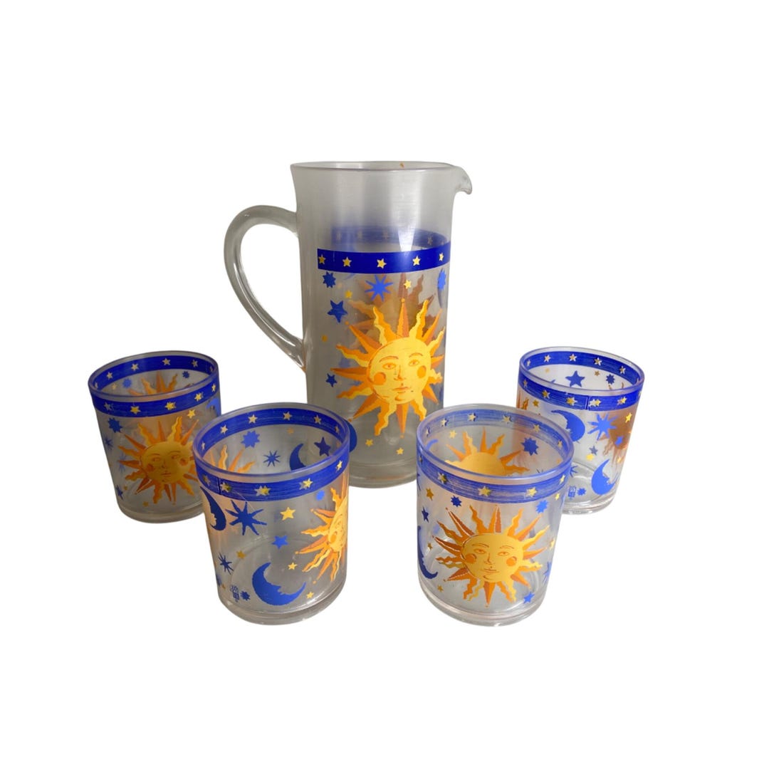 Vintage 90s Sun & Moon Celestial Blue Orange 5-piece Plastic Pitcher ...