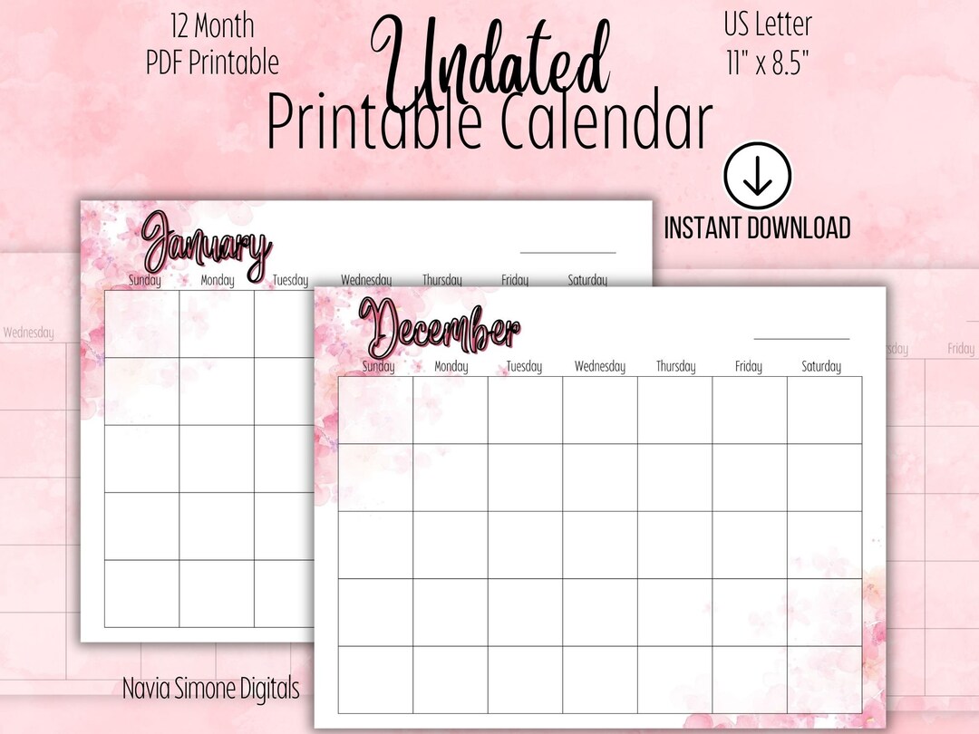 Pink 12 Month Calendar Undated Printable File Flower Theme | Undated ...