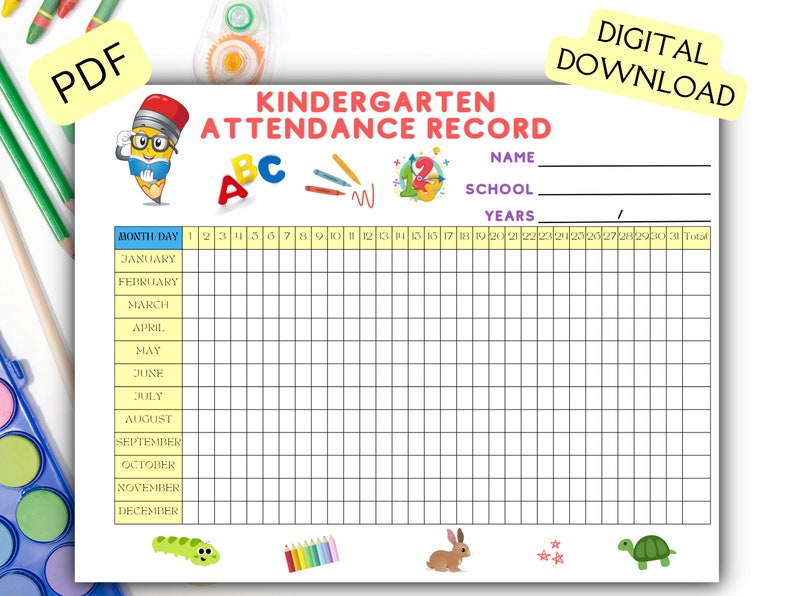 Kindergarten Attendance Record Printable, Yearly Attendance Sheet ...
