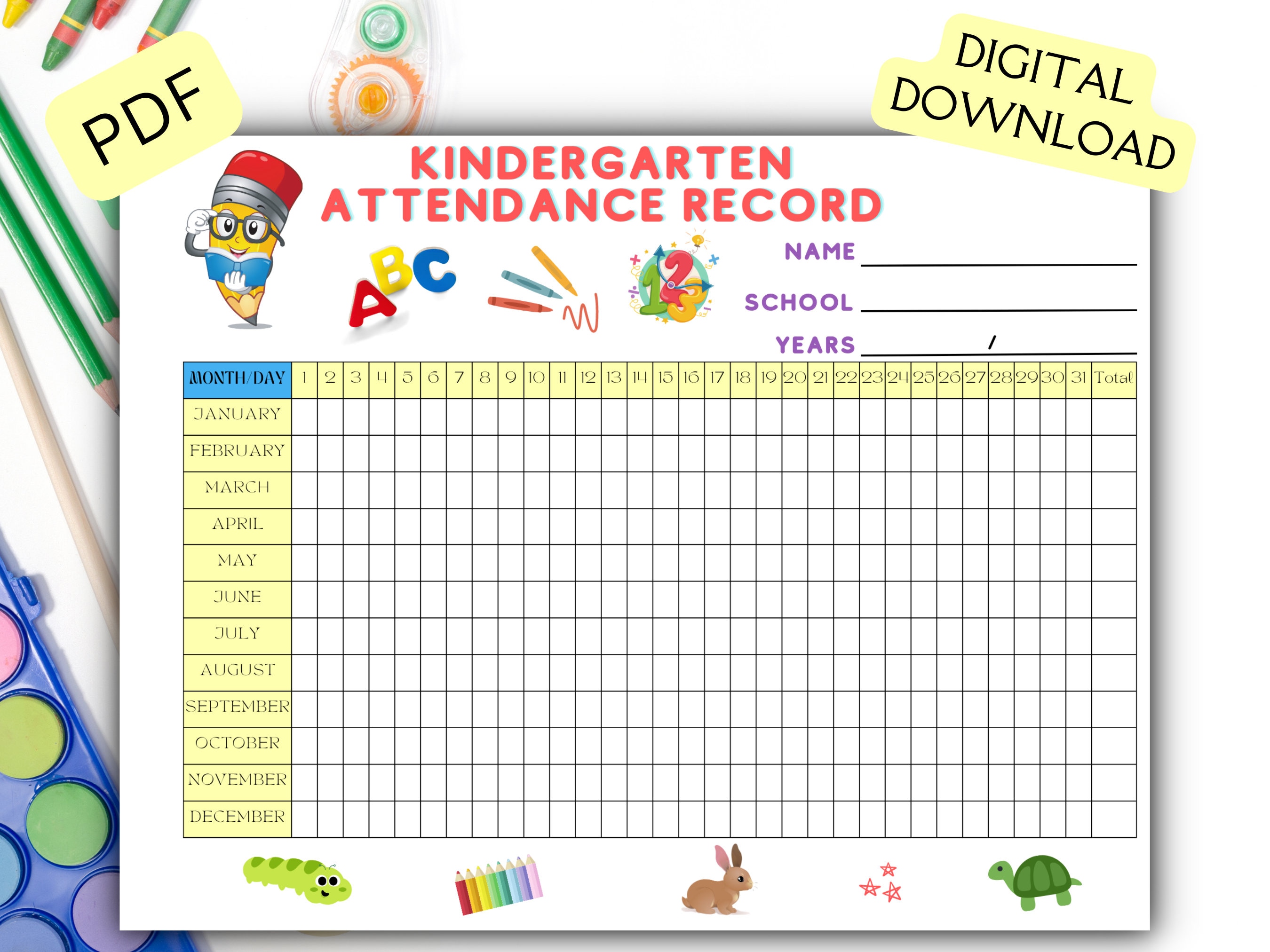 Kindergarten Attendance Record Printable, Yearly Attendance Sheet ...
