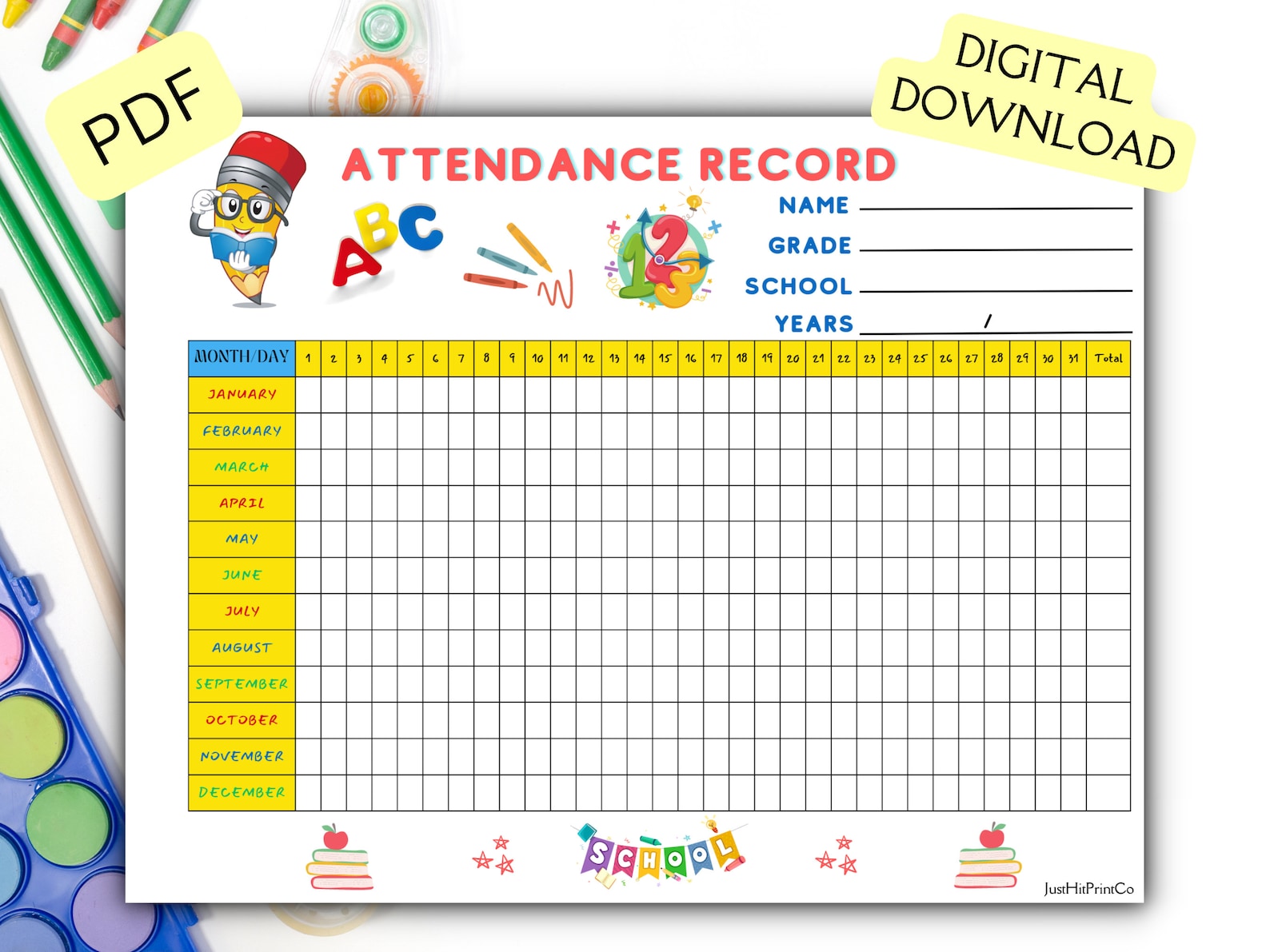 Classroom Printable, Yearly Attendance Sheet, Attendance Tracker ...