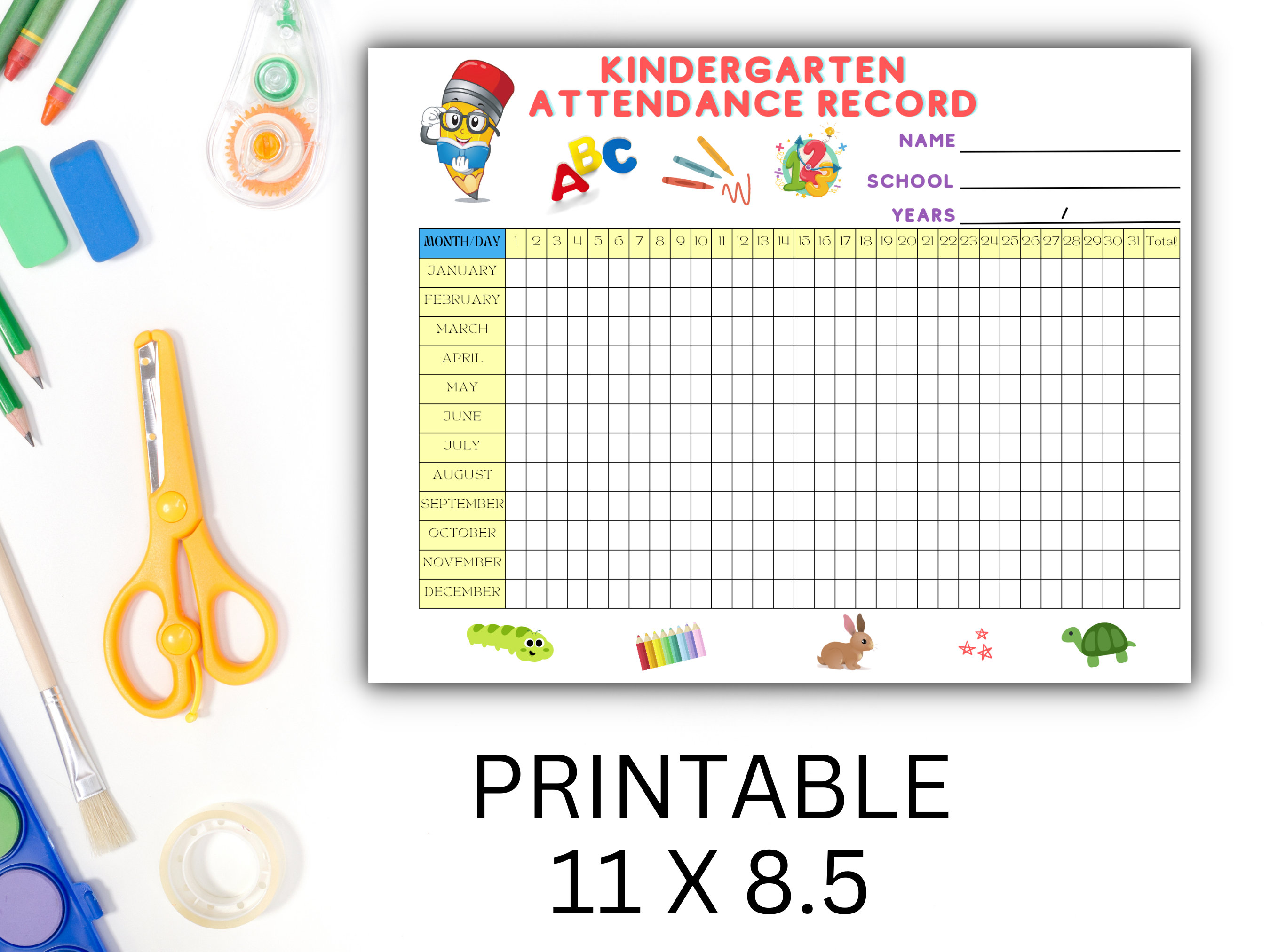 Kindergarten Attendance Record Printable, Yearly Attendance Sheet ...