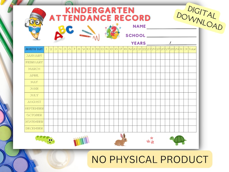 Kindergarten Attendance Record Printable, Yearly Attendance Sheet ...