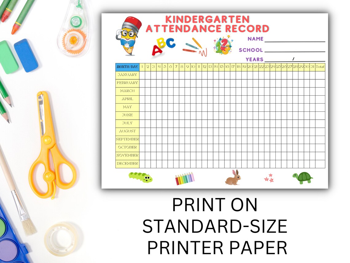 Kindergarten Attendance Record Printable, Yearly Attendance Sheet ...