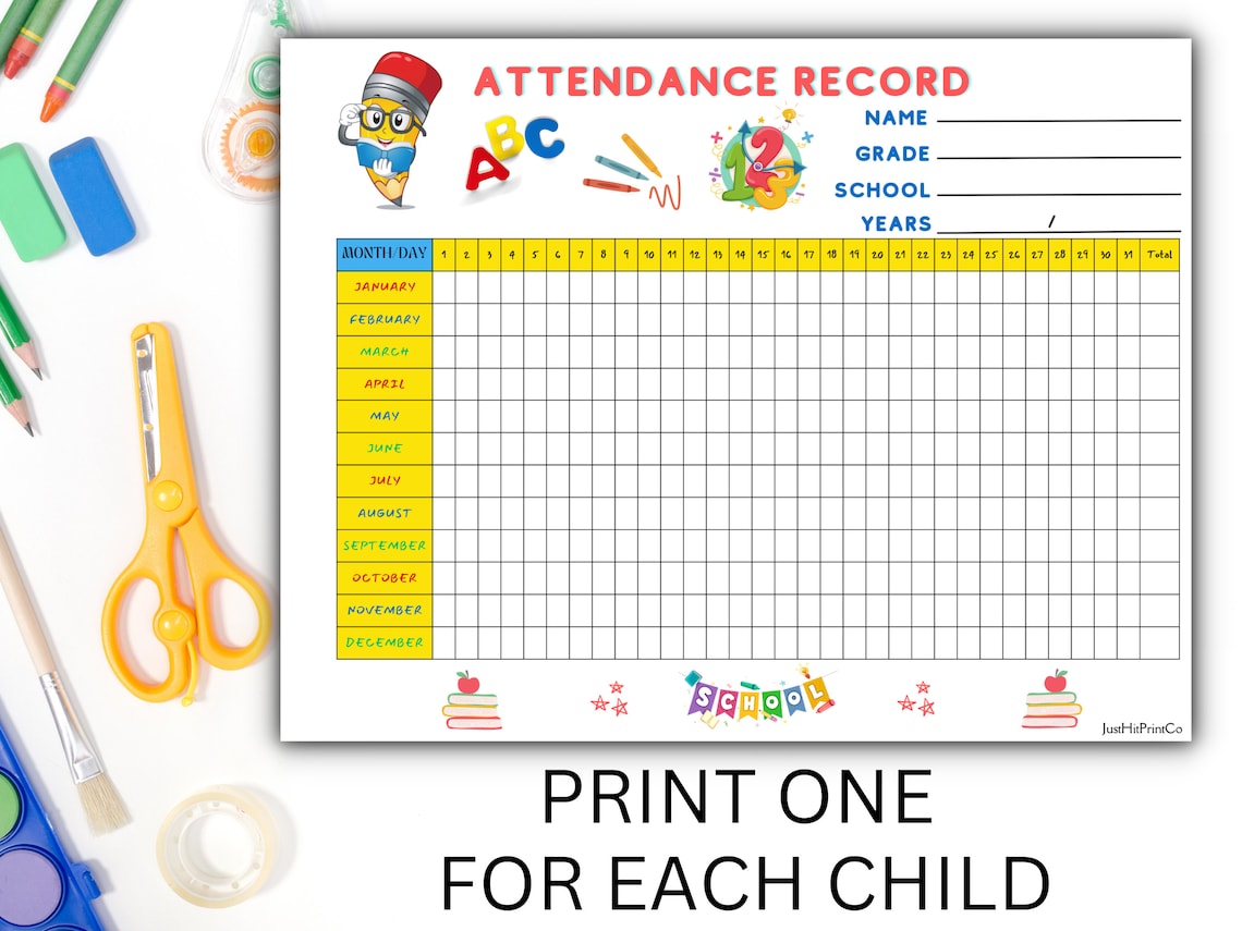 Classroom Printable, Yearly Attendance Sheet, Attendance Tracker ...