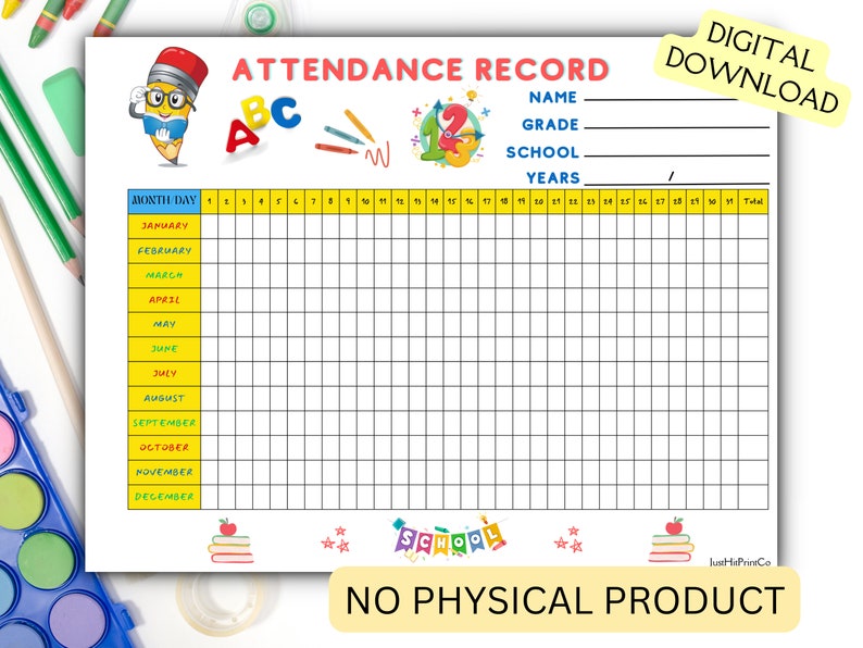 Classroom Printable, Yearly Attendance Sheet, Attendance Tracker ...