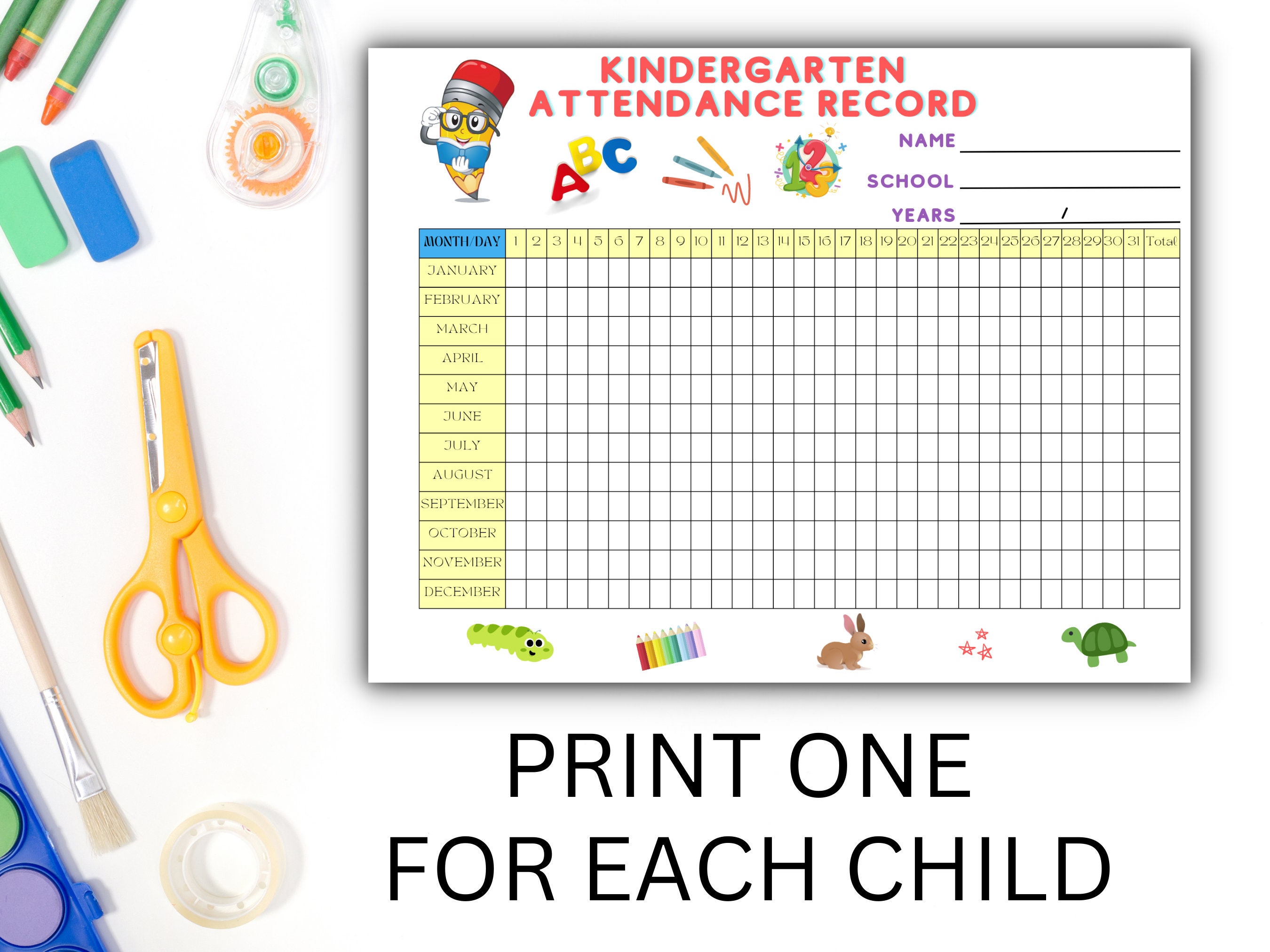 Kindergarten Attendance Record Printable, Yearly Attendance Sheet ...