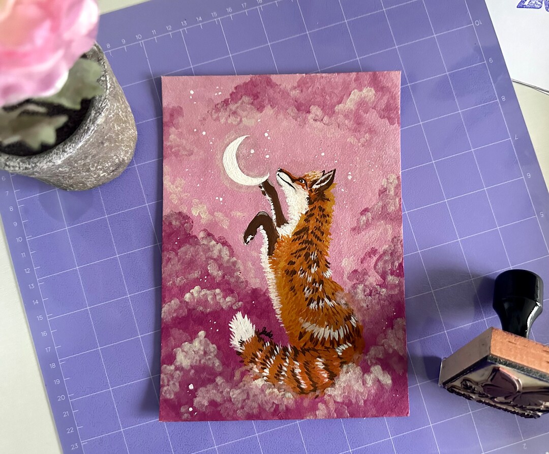 Fox Reaching for the Moon - Original Artwork. Hand Painted Moon and Fox ...