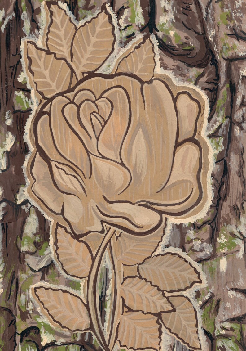 A Rose Carved Into a Tree Trunk - Original Painting Wall Art - Etsy