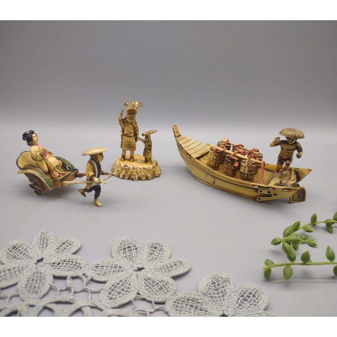 Vintage 1950s Japanese Celluloid Figurines Geisha Rickshaw Rice Farmer ...