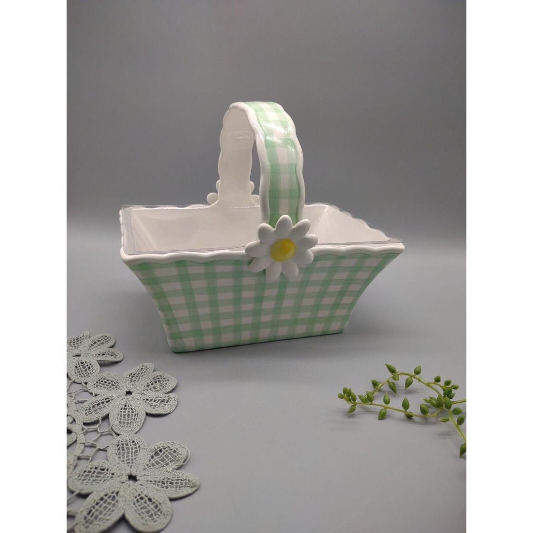 Vintage Teleflora Daisy Ceramic Basket Flower Planter, Gingham Green ...