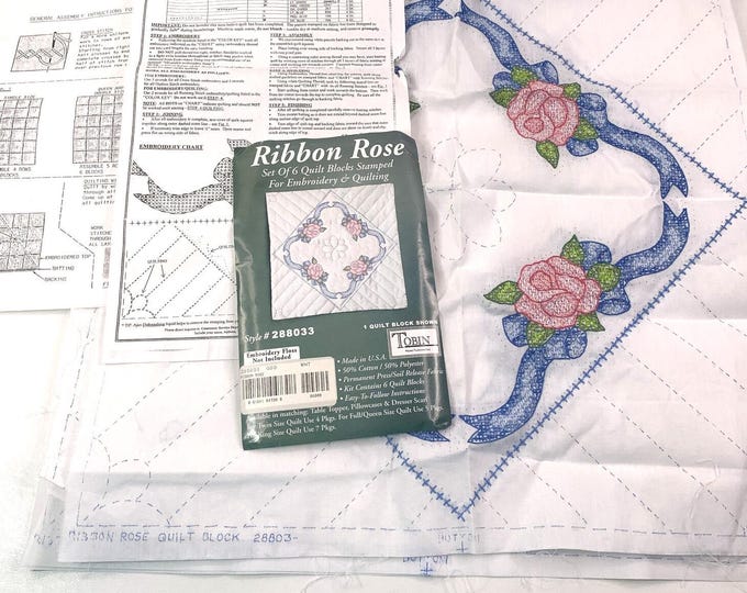 Tobin Quilt Blocks Ribbon Rose Stamped Embroidery Quilting 20"x20" Set ...