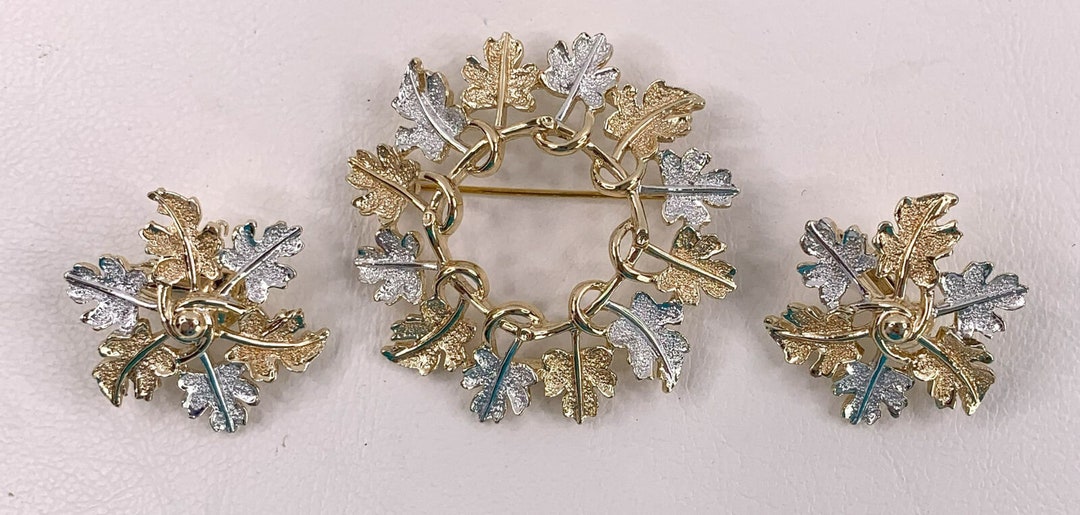 Vintage Sarah Coventry Gold & Silver Leaf Brooch Earrings Set Garland ...