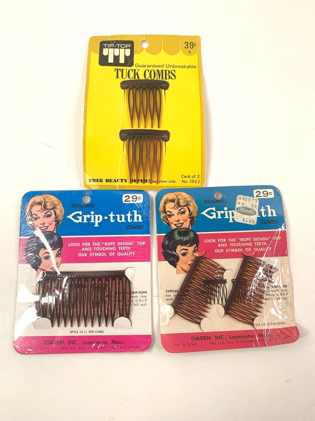 Vintage Grip Tuth Brown Hair Combs Rope Design Sealed in Package Set of ...