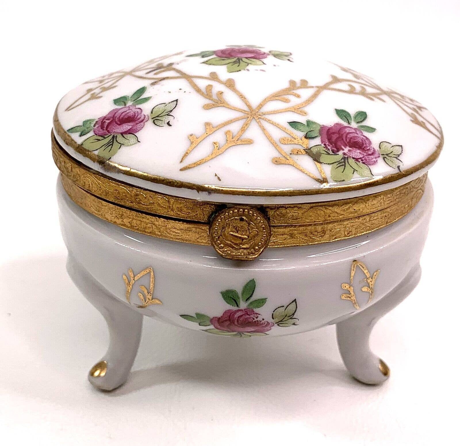 Vintage Footed Floral Hinged Trinket Box Handpainted Porcelain Roses by ...