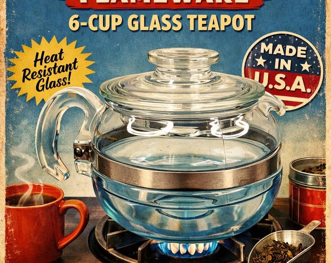 Vintage Pyrex Flameware 6-cup Glass Teapot Blue Tint Stainless Band USA ...