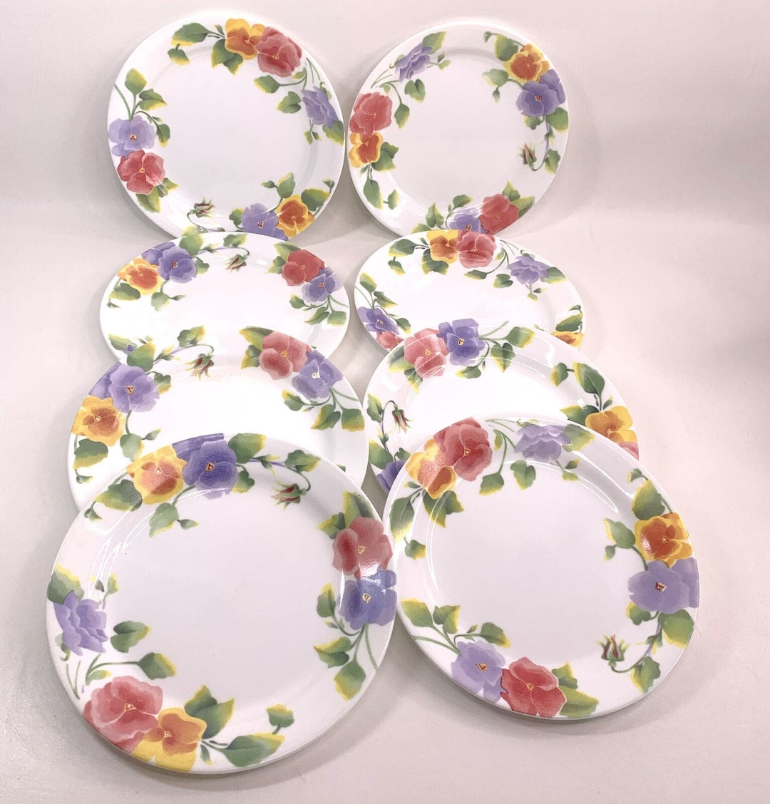 Corelle Summer Blush 8 Piece Salad Plates Floral Pansy Pink Yellow Blue ...