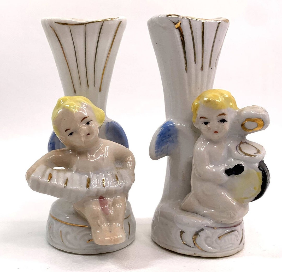 Vintage Angel Cherub Bud Vases Pair With Musical Instruments Porcelain ...