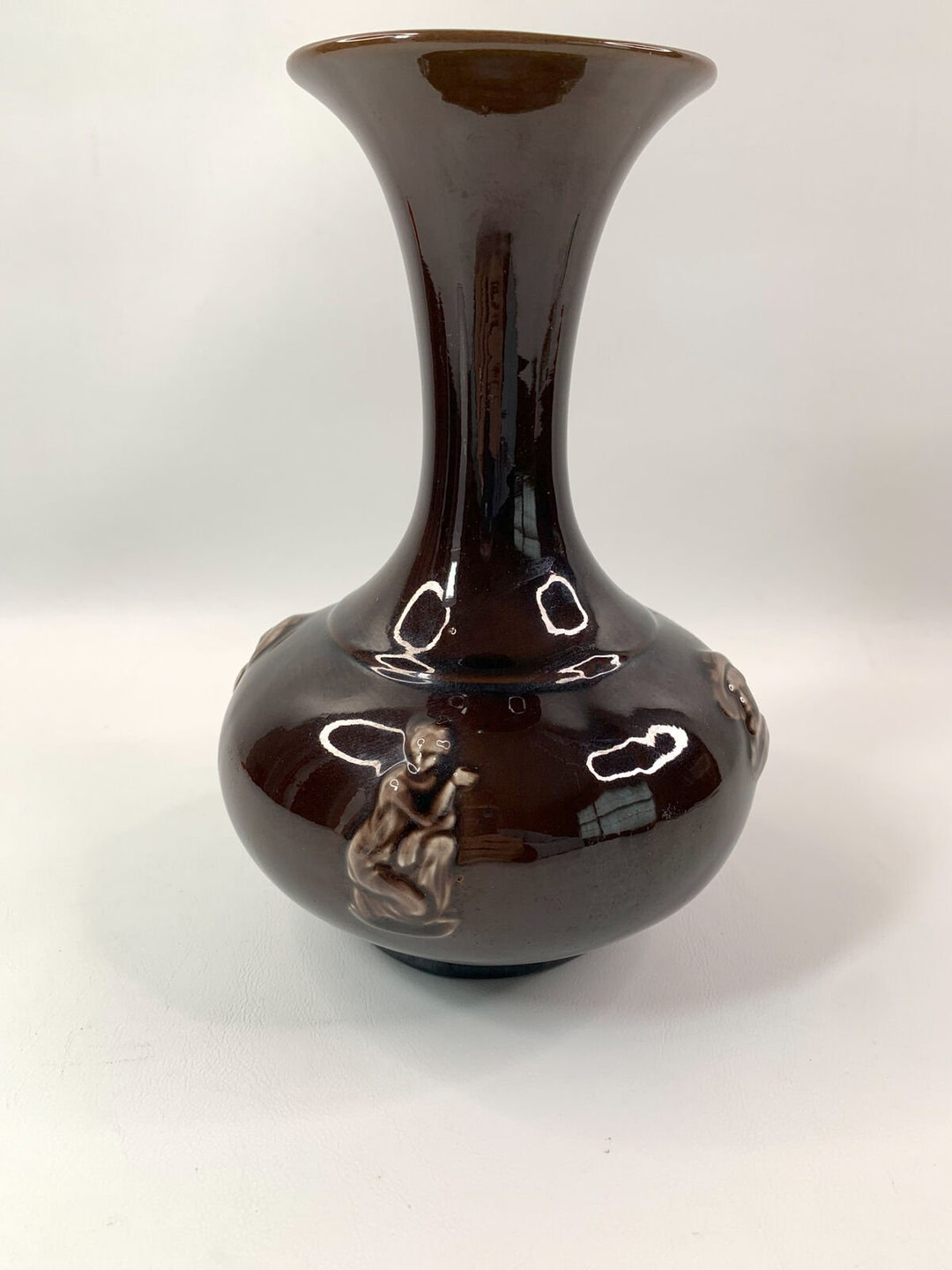 Vintage Peters and Reed Art Pottery Vase Brown Glazed Cavalier Portrait ...
