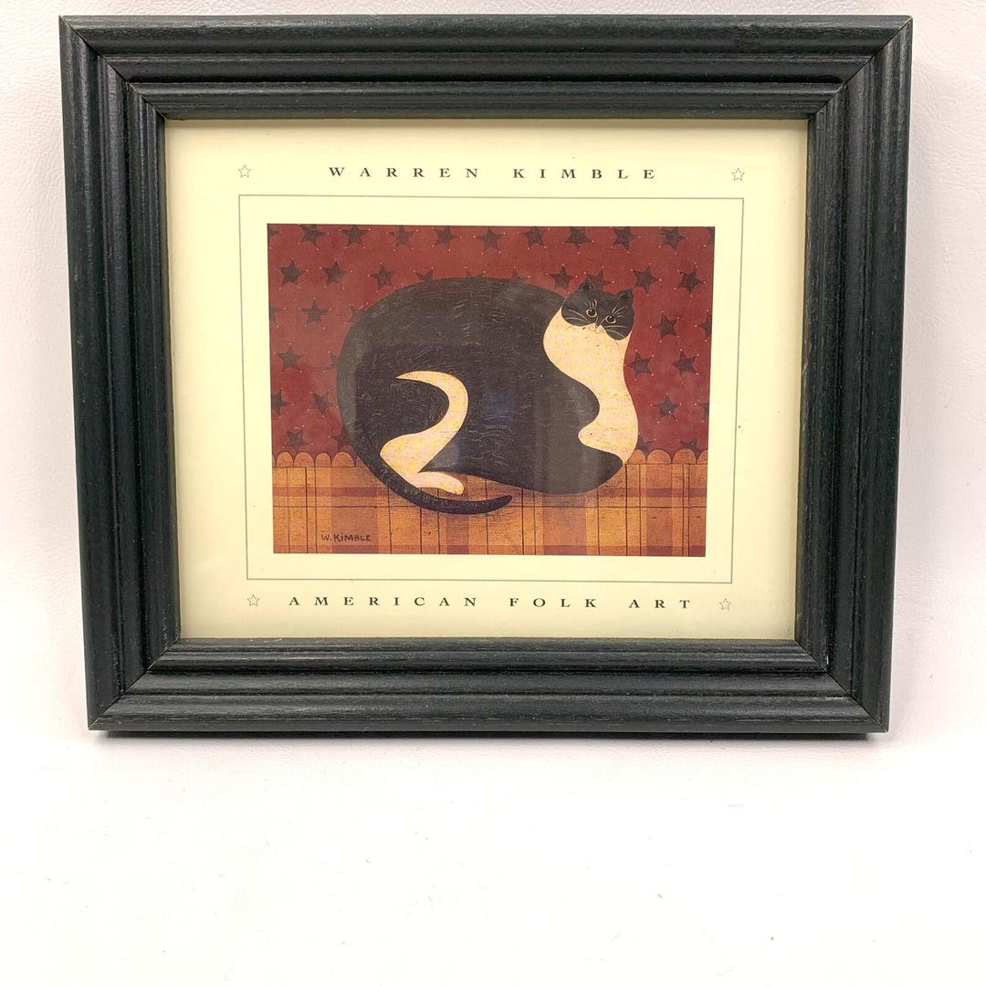 Warren Kimble American Folk Art Print Tuxedo Fat Cat Framed Primitive ...