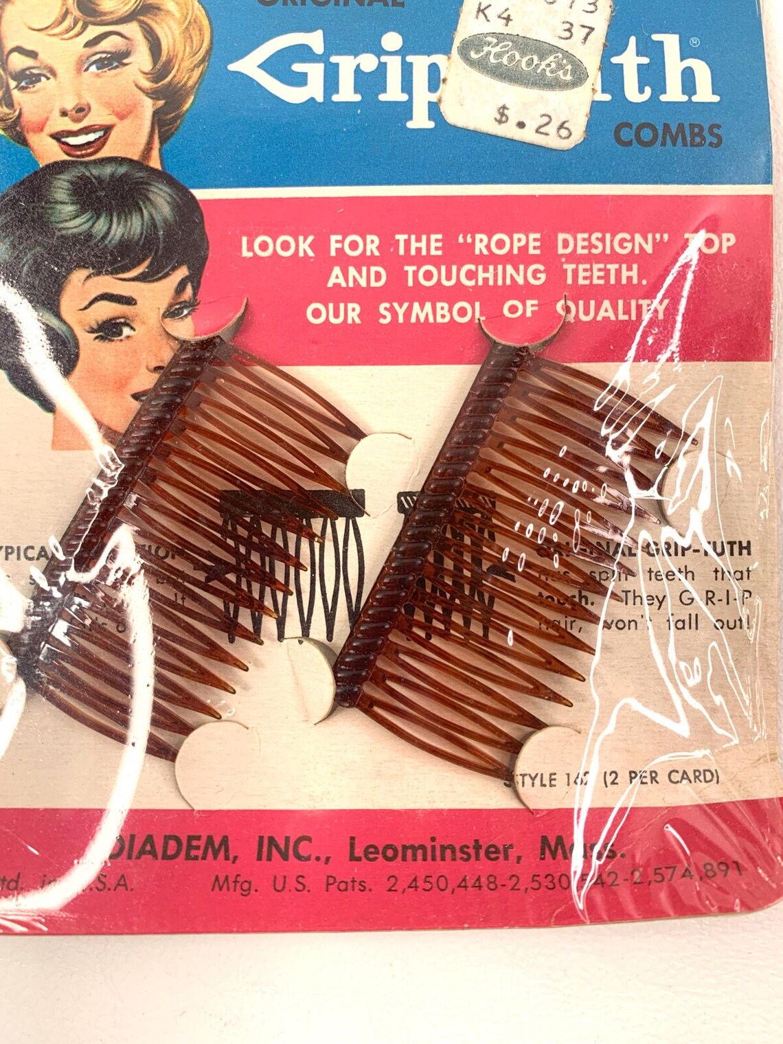 Vintage Grip Tuth Brown Hair Combs Rope Design Sealed in Package Set of ...